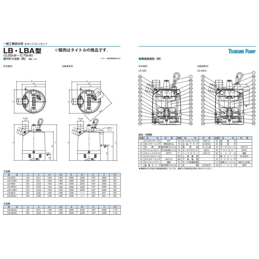 在庫 ツルミポンプ 水中ポンプ LB-480 60Hz 非自動形 0.48kW 吐出し口径50mm 2インチ 一般工事排水用 LB-480 ...