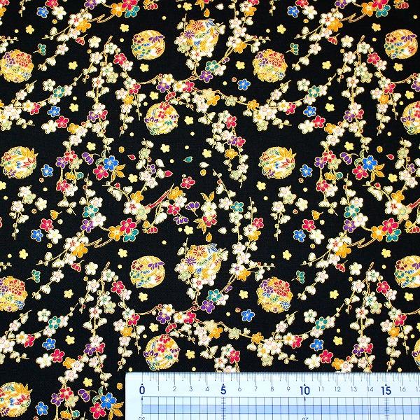 生地 布 まりとお花 金ラメ 桜 毬 和柄 民芸 シーチング 綿100％ 約110cm幅 2000-111 ゆうパケット2.5m対応 10cm単位価格 : とらや-fabric Yahoo!店 ...