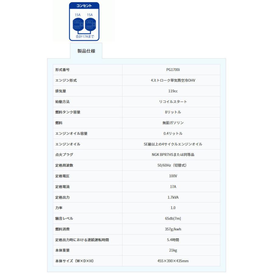 PGシリーズ PG1700i 発電機 燃料タンク容量：8.0L パワーテック PG1700I ガソリン燃料 【直送または特別配送 代引不可】 : 家電と住宅設備の取替ドットコム - 通販 ...
