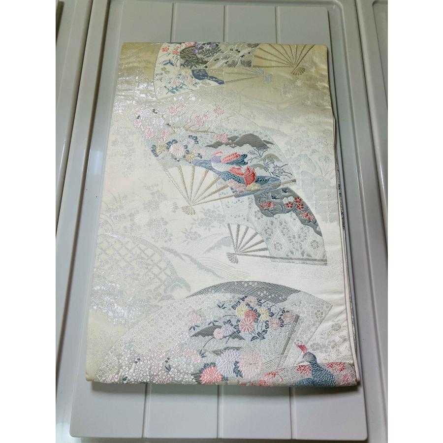 名古屋帯 銀色系 草花文 扇 鳥 菊 幅約30cm 着物帯 正絹 TCS着物 名古屋帯 銀色系 草花文 扇 鳥 菊 幅約30cm 着物帯 正絹 TCS着物