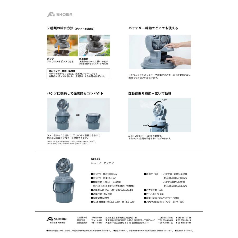 SHOWA(昭和商会) 充電式 ミストワークファン N23-06 工場扇 持ち運び可能なミストファン【バッテリー/充電器セット】熱中症対策 キャンプ アウトドア : Total Homes ...