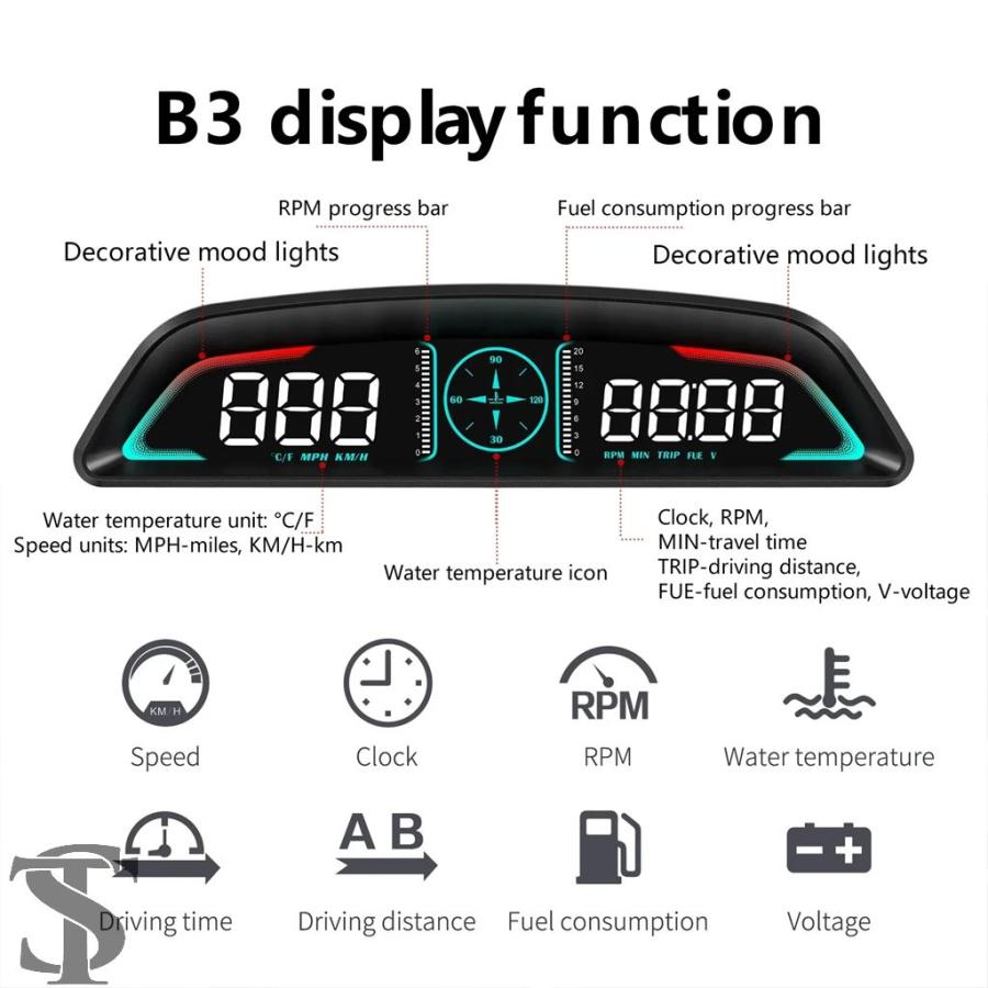 B3 スピードメーターヘッドアップディスプレイ OBD2 HUD 車タコメーター水温アラーム自動燃料消費量ボルトメーターゲージ : T-マート Yahoo!店 - 通販 - Yahoo!ショッピング
