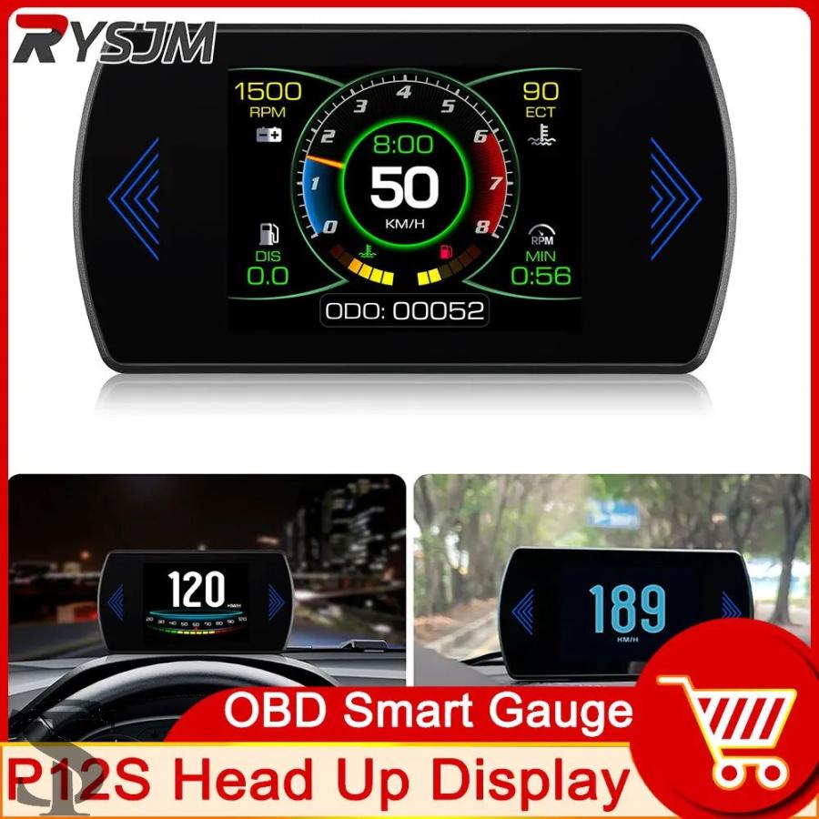 P12S OBD2 HUD ヘッドアップディスプレイ スマートデジタルスピードゲージ オンボードコンピュータ タコメーター スピードメーター ...
