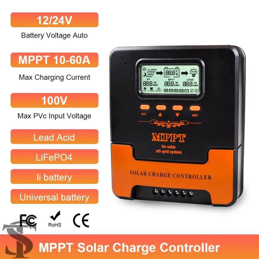 MPPT ソーラーチャージャーコントローラ 60A 50A 40A 30A 20A 10A 12V 24V ソーラーパネルレギュレータ LCD ディスプレイまざま負荷制御モード : T-マート ...