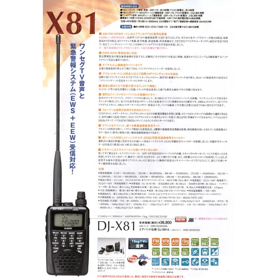DJ-X81【ALINCO】0.1〜1300MHz ワンセグTV音声・EWS受信対応レシーバー 動作・美品・オマケ付き : トヨムラ・太田店 - 通販 - Yahoo!ショッピング