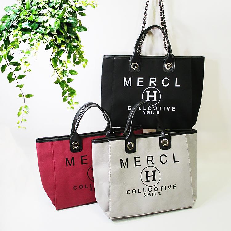fiore マークル MERCL H COLLECOTIVE SMILE 英字 ロゴ キャンバス 帆布 合成皮革 チェーン付き 2WAY ...
