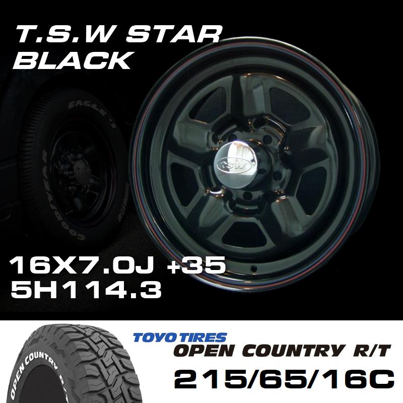 TSW STAR ブラック 16X7J+35 5穴114.3 TOYO OPEN COUNTRY ホワイトレター 215/65R16C ...