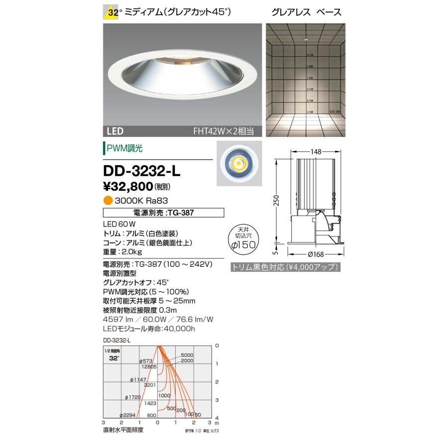 山田照明 DD-3232-L LED一体型 ダウンライト Unicorn PLUS ベースタイプ グレアレス FHT42W×2相当 埋込 ...