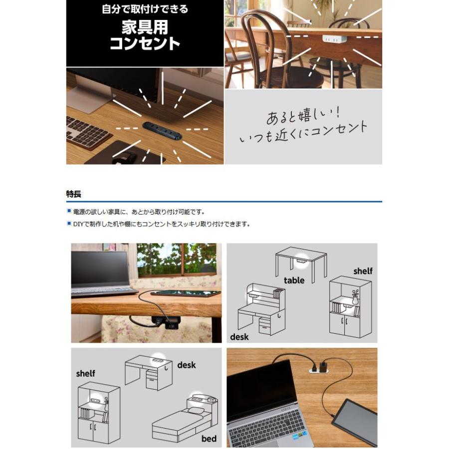 FO-22S(W) 家具用スイッチ付コンセント 2個口 白 コード長：2m 定格：AC125V 12A 合計1500Wまで ELPA 朝日電器 電設資材 配線機器 : タカラShop ...