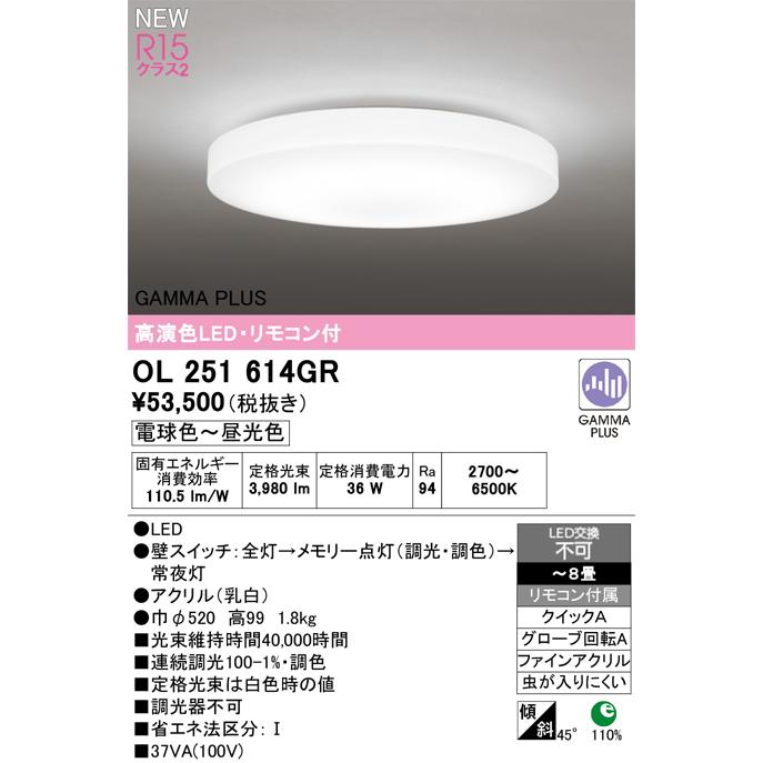 ODELIC（オーデリック） OL251614GR LEDシーリングライト 8畳用 R15高演色 クラス2 GAMMA PLUS ガンマ波機能搭載 調光調色タイプ リモコン付 電気工事不要 ...