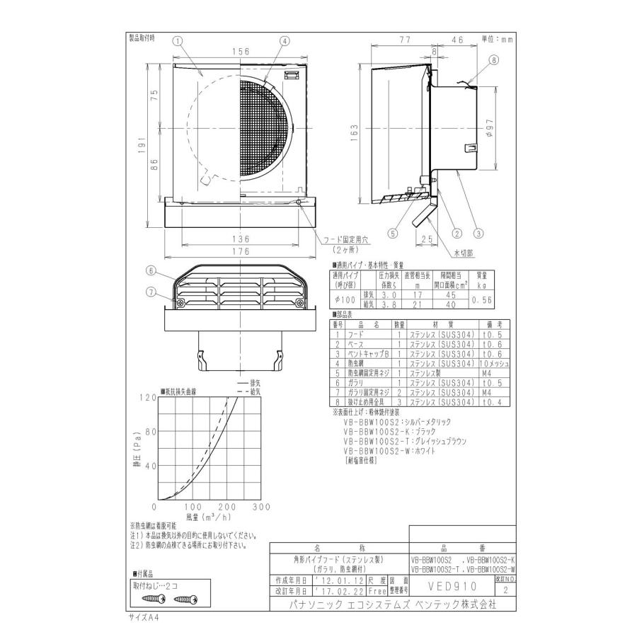 Panasonic（パナソニック） VB-BBW100S2-T ステンレス製 ピタンコフード(着脱ガラリ・防虫網付) 呼び径φ100 グレイッシュブラウン ベンテック 標準タイプ スリットなし ...