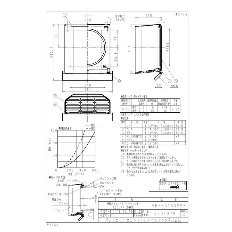Panasonic VB-EG150SS3 ステンレス製 ピタンコフード(着脱ガラリ) 外挿式仕様(寒冷地推奨) 呼び径φ150 ベンテック ダクト用エクステリア部材(角形) : タカラ ...
