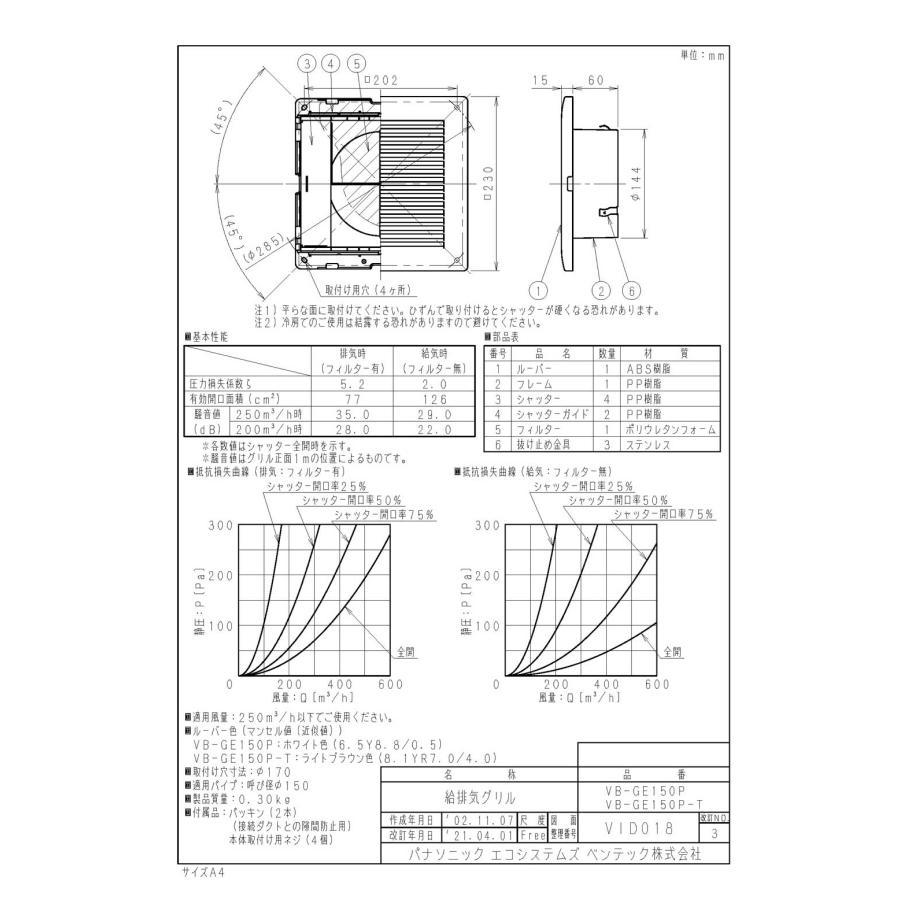 Panasonic VB-GE150P 給排気グリル(天井・壁用)(シャッター付・フィルター付) 呼び径φ150 ホワイト パナソニック エコシステムズ ベンテック インテリア部材 : タカラ ...