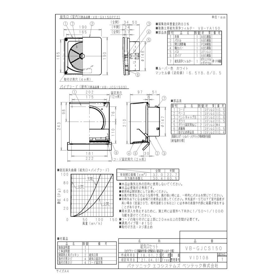 Panasonic VB-GJCS150 遮蔽板付カクピタフード(着脱ガラリ付)＋自然給気口スラリ(給気清浄フィルター付) 呼び径φ150 ベンテック 給気口セット : タカラShop ...