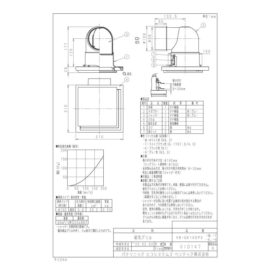 Panasonic（パナソニック） VB-GK100P3-K 給気グリル 天井用 呼び径φ100 ブラック エコシステムズ ベンテック インテリア部材 : タカラShop Yahoo!店 ...