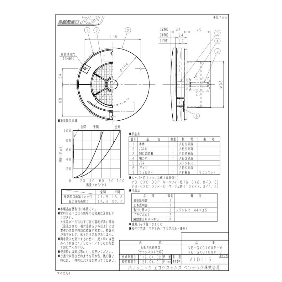 Panasonic VB-GXC100P-W 自然給気口スラリ(丸形・壁用) 呼び径φ100 ホワイト (フィルター：サランネットフィルター) ベンテック インテリア部材 GOOD ...