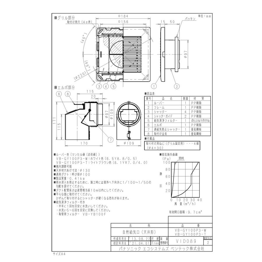 Panasonic VB-GY100P3-W 自然給気口(天井用) 呼び径φ100 ホワイト パナソニック エコシステムズ ベンテック インテリア部材 : タカラShop Yahoo!店 ...