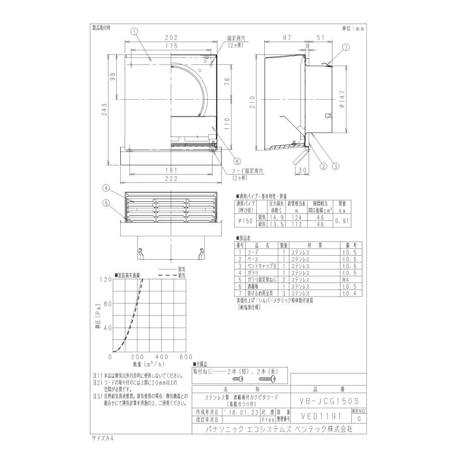 Panasonic（パナソニック） VB-JCG150S ステンレス製 遮蔽板付カクピタフード(着脱ガラリ付) 呼び径φ150 ベンテック ダクト用エクステリア部材(角形) 遮蔽板付仕様 ...