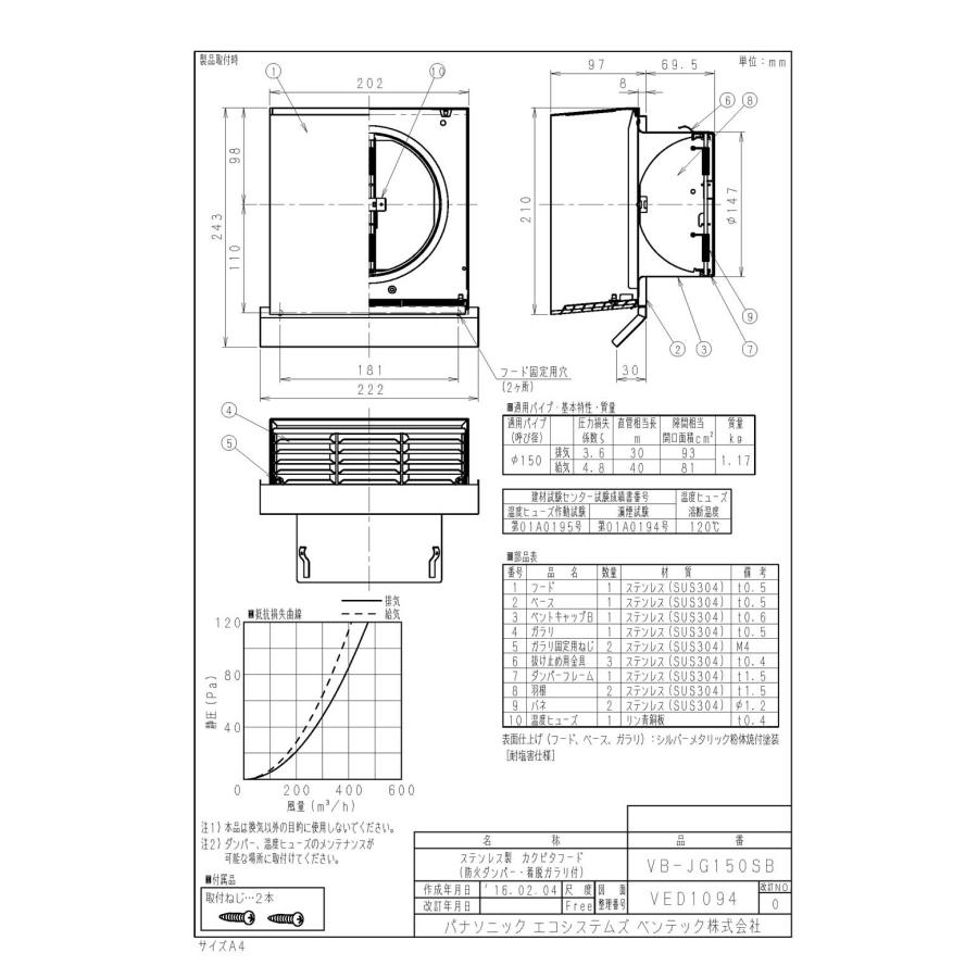 Panasonic VB-JG150SB ステンレス製 カクピタフード(防火ダンパー・着脱ガラリ付) 呼び径φ150 ベンテック ダクト用エクステリア部材(角形) 標準タイプ : タカラ ...