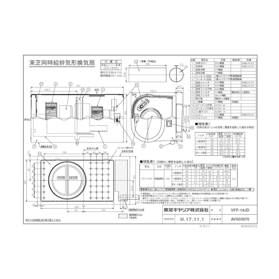TOSHIBA VFP-14JD 日本キヤリア シロッコファン形パイプ用ファン フリー楽ファン 同時給排 居間用 フィルター付 手動式スライドシャッター、本体スイッチ付 24時間換気 ...