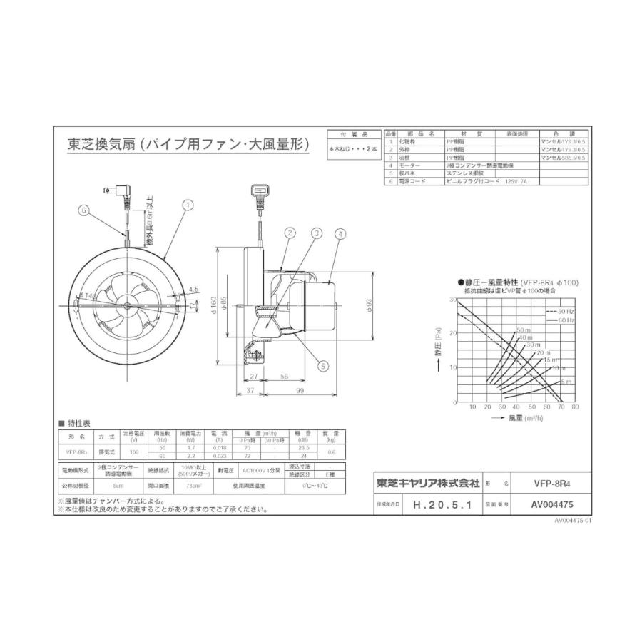 TOSHIBA（東芝） VFP-8R4 日本キヤリア 風量形パイプ用ファン 丸形スタンダードタイプ トイレ・洗面所・居間用 コードプラグ付 ...