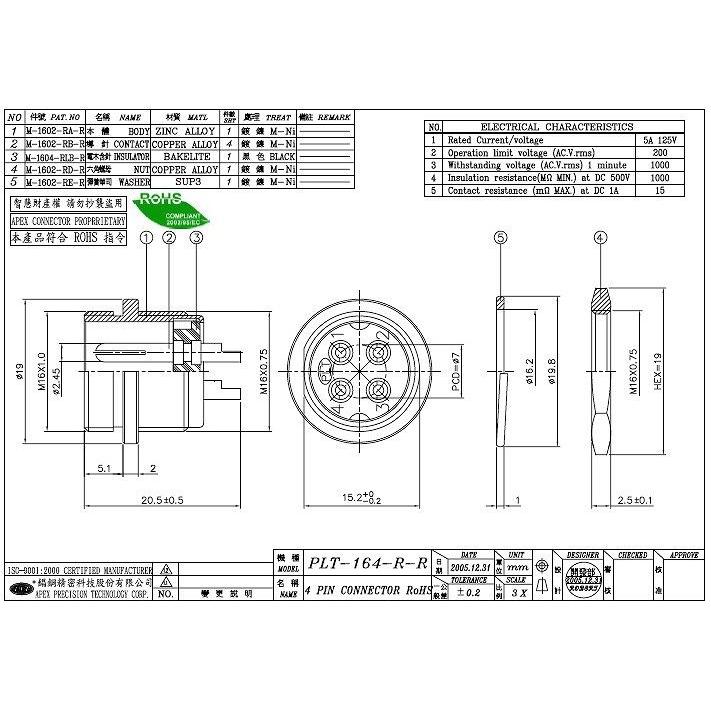 マイクコネクター 4P レセプタクル APEX PLT-164-R-R : 津パーツ店 - 通販 - Yahoo!ショッピング