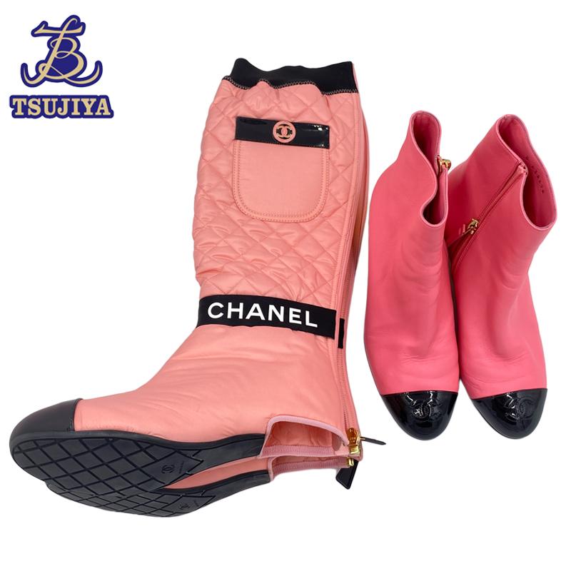 CHANEL CHANELシャネル ショート/ロング 2WAYブーツ キルティング レザー ピンク ブラック #37.5 中古AB【辻屋質店 ...