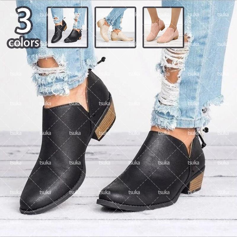 ブーティー ポインテッドトゥ 美脚ブーティ チャンキーヒール 約3cmヒール アンクル丈 美脚ブーツ ブラック 黒 大きいサイズ 3E ...