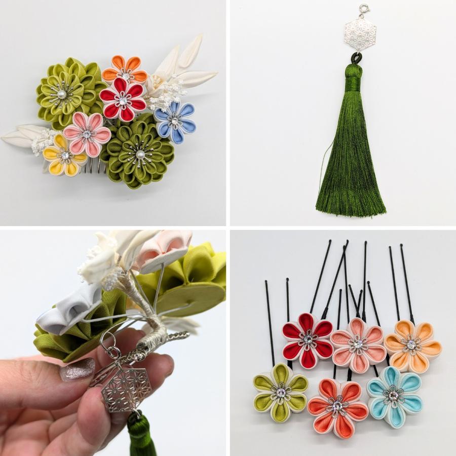 つまみ細工 髪飾り 和装 成人式 七五三 浴衣 卒業式 コーム 黄緑 白 シルバー タッセル : kanzashi-set-grn-2 : つまみ細工紗彩 - 通販 - Yahoo!ショッピング