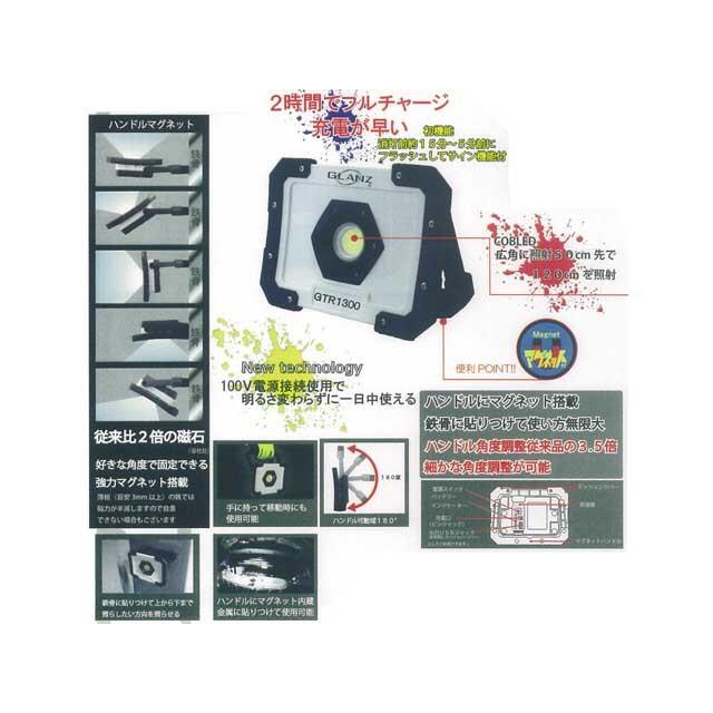 グランツ／GLANZ GTR1300 充電式LED投光器 （マグネット付きライト 明るさ：最大1300lm 充電式） : つり具・TEN Yahoo!店 - 通販 - Yahoo!ショッピング