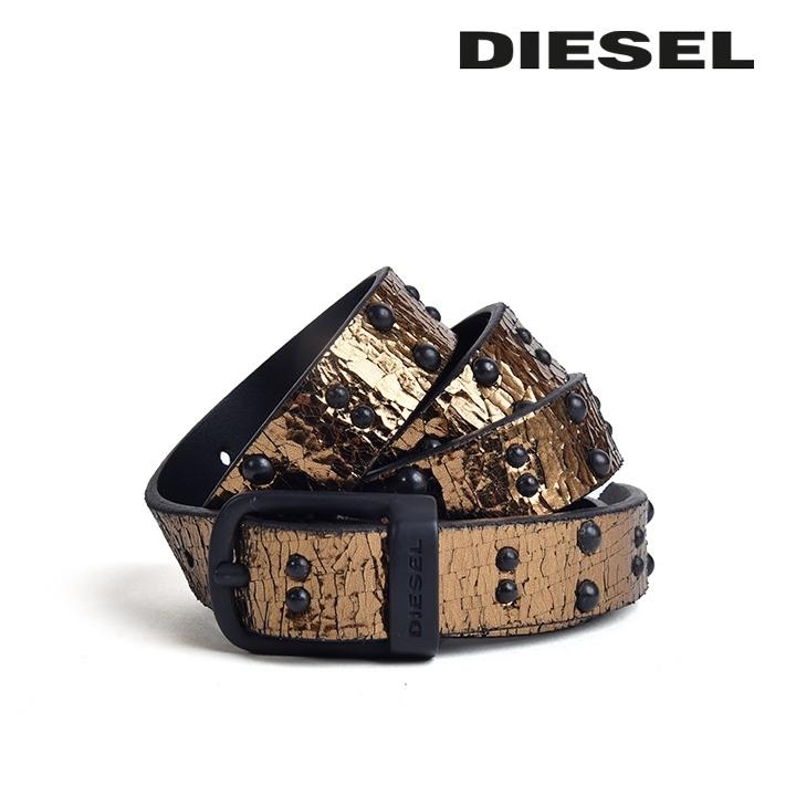 ディーゼル DIESEL レザーベルト レディース 牛革 本革 メタリックひび割れ加工 スタッズ ナローベルト B-GABRIELLE ...