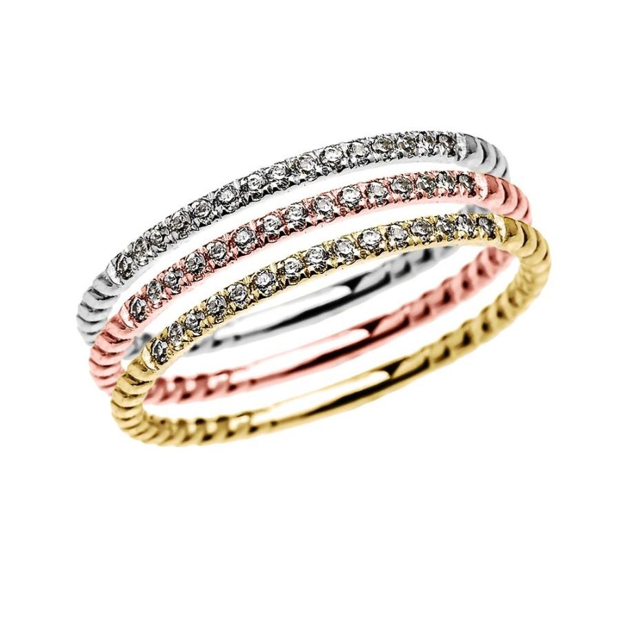 Tri Color Gold Dainty Diamond Rope Design Stackable Rings (Size 8) :20190412051025-00408-b ...