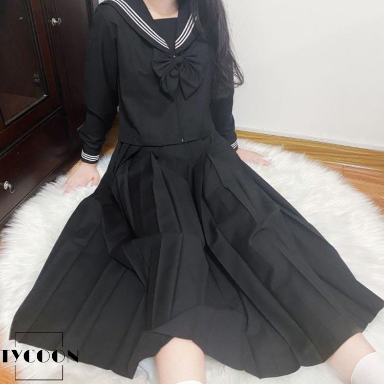 セーラー服 学生服 コスプレ 女子高校生 制服 3点セット かわいい 長袖 半袖 シャツ ロング スカート リボン 上下セット 無地 ブラック ...