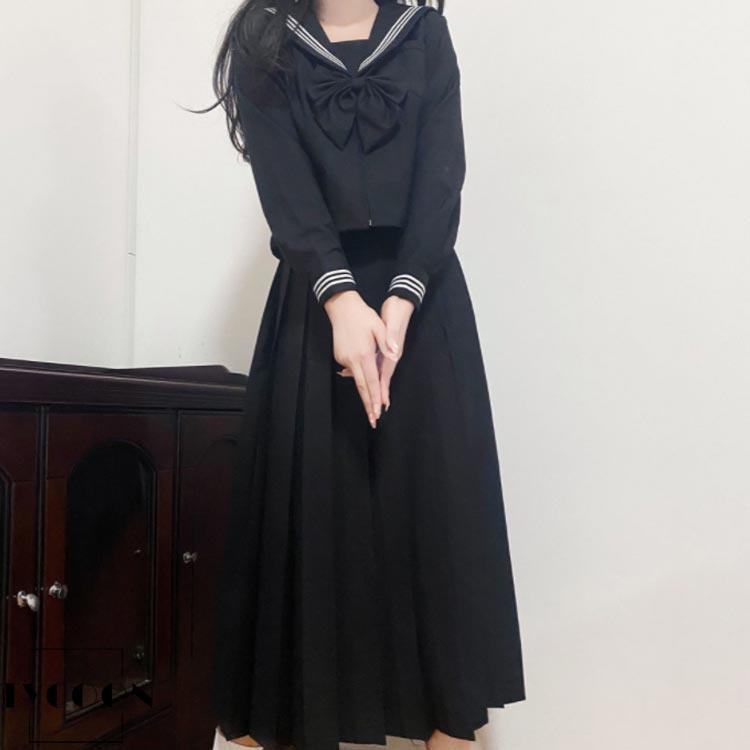 セーラー服 学生服 コスプレ 女子高校生 制服 3点セット かわいい 長袖 半袖 シャツ ロング スカート リボン 上下セット 無地 ブラック ...