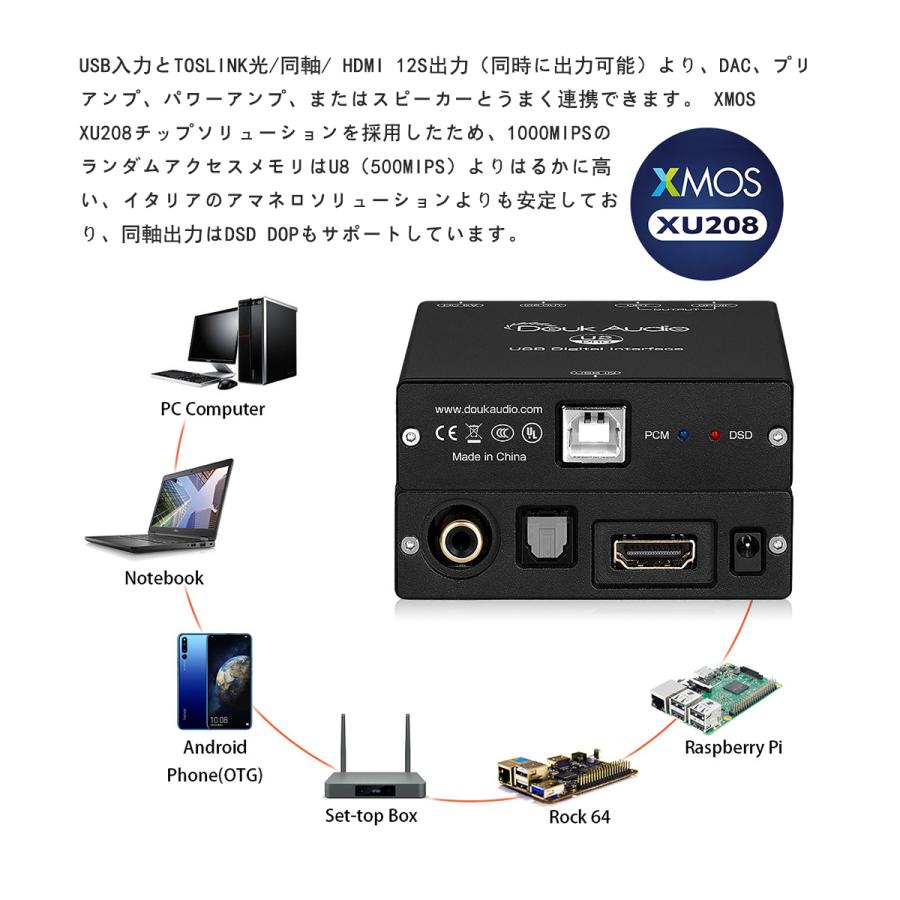 Douk Audio U2 PRO Mini XMOS XU208 USB デジタルインターフェイス 同軸/光学/12S オーディオアダプター ...