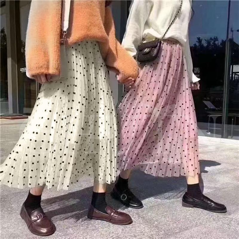 チュールプリーツスカート ドット柄 ロングスカート スカート 春 チュールプリーツスカート ドット柄 ロングスカート スカート 春