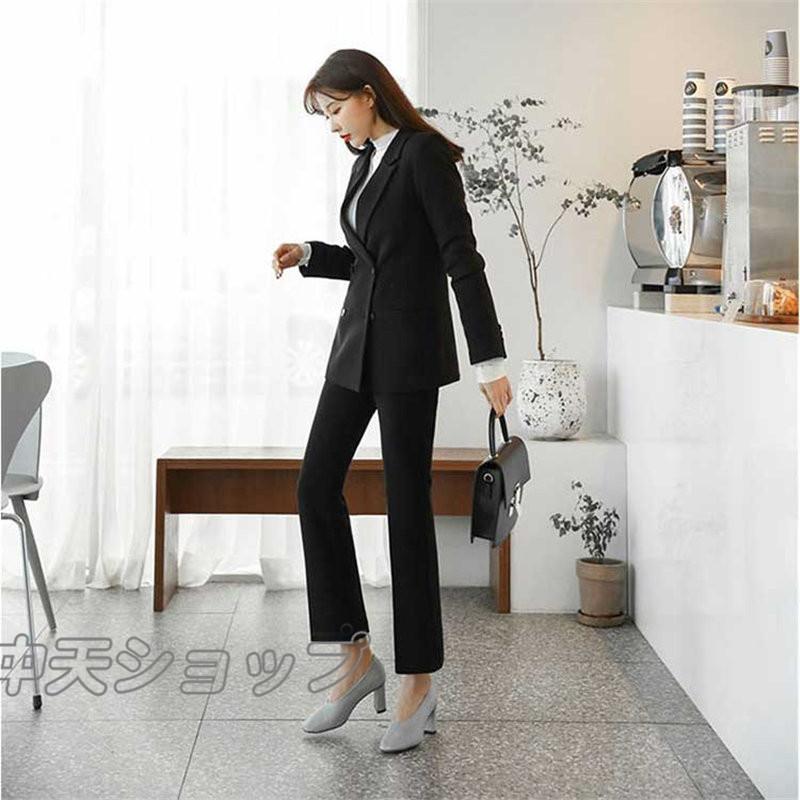 パンツスーツ レディース 2点セットパンツ黒スーツ 韓国風長袖