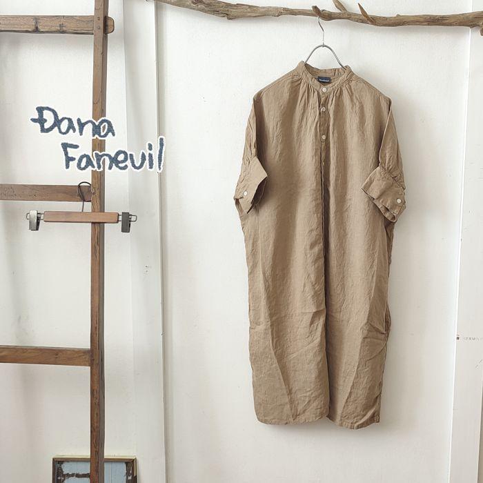 DANA FANEUIL DANAFANEUIL ダナファヌル スタンドカラーリネンワイドシャツワンピース レディース 夏 5分袖 麻100 前開き ロング ナチュラル 春 : urala ...