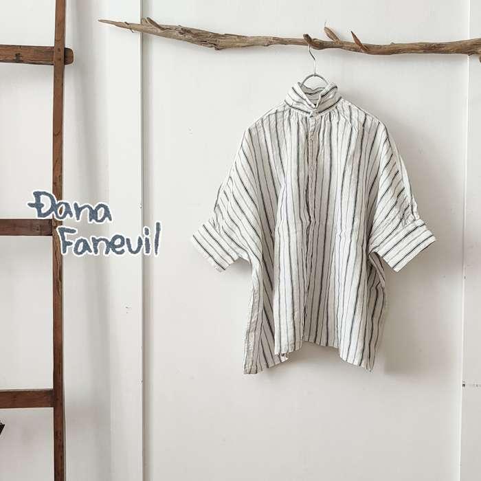 DANA FANEUIL DANAFANEUIL ダナファヌル ストライプリネンチュニック丈シャツ シャツ ホワイト 柄 夏 ブラウス ロング ストライプ チュニック 7分袖 麻 レディース ...
