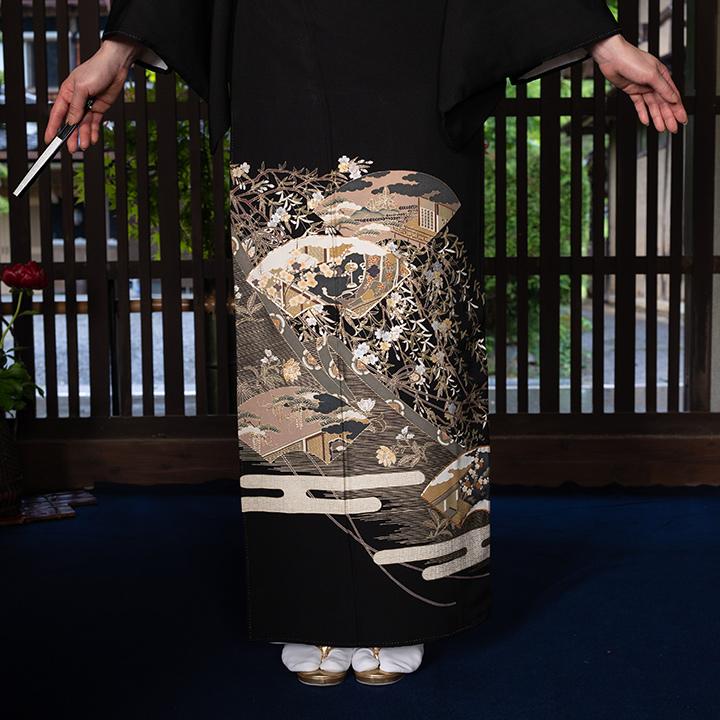 レンタル留袖 フルセット 高級正絹 留袖 レンタル 地紙・しだれ桜 TS-MA554 結婚式 母親 衣装 黒留袖 結婚式母親 親族 着物 式典 ...