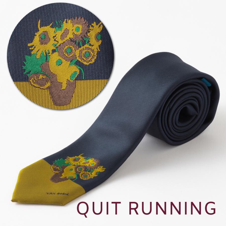 Quit Running ゴッホ ヒマワリ デザイン 刺繍 洗えるイージーケア CHILLWORK ウォッシャブル ネクタイ 洗濯OK ネイビー クイトランニング チルワーク メンズ 英国 ...