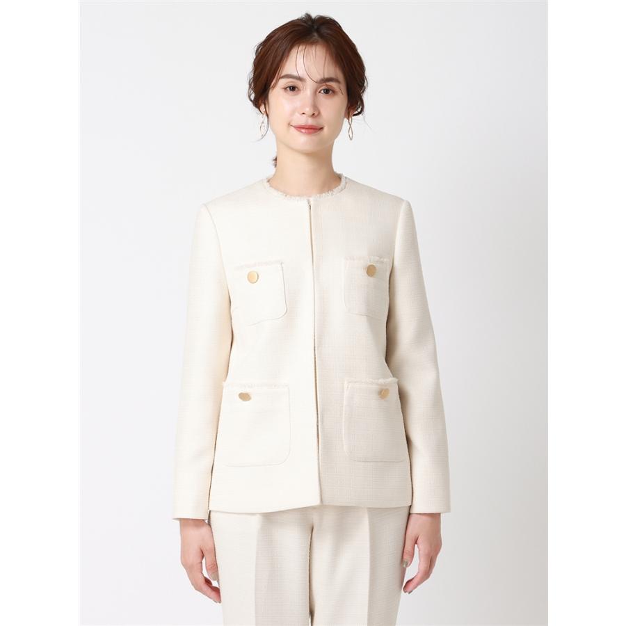 SUIT SQUARE 【スーツスクエア】レディース ジャケット ノーカラー セットアップ パンツ スカート ジレ ハンドウォッシュ 洗える ツイード 織柄 クリーム : スーツスクエア ...