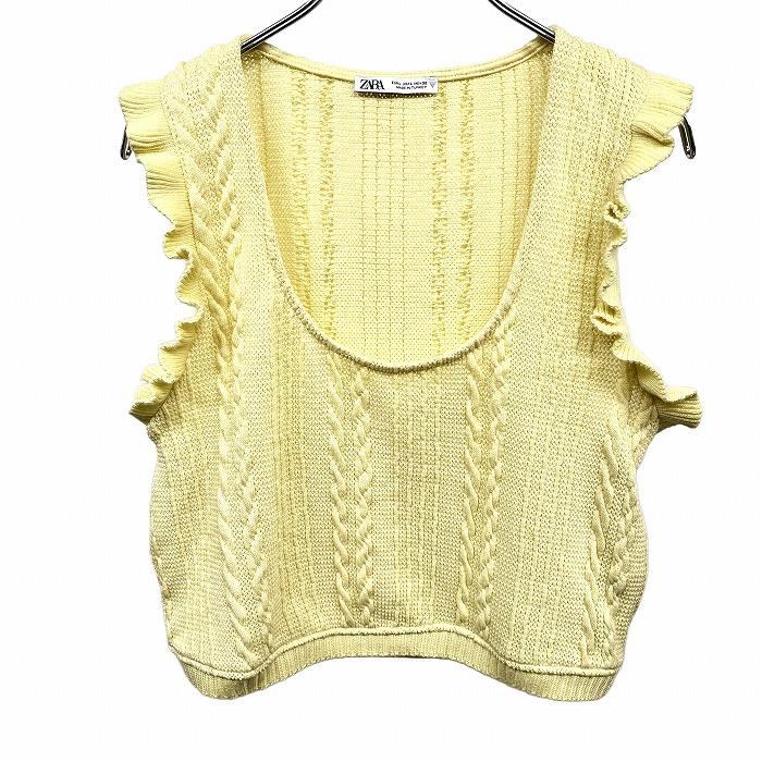 ZARA ザラ ショート丈 ニットカットソー ベスト ラッフルスリーブ ケーブル Uネック ポリエステル×ポリウレタン L イエロー 黄 レディース : Undo Rowa ヤフー店 - 通販 ...