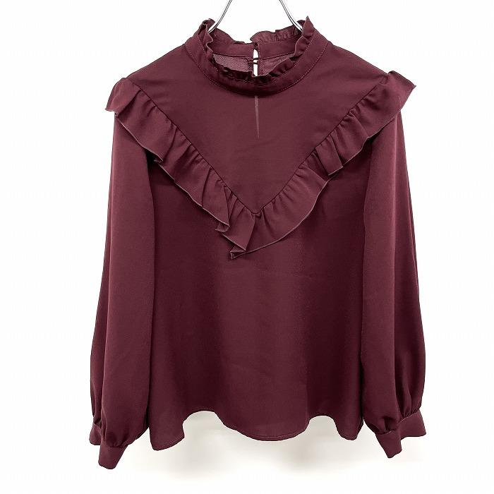 ROPE' PICNIC ROPE 薄手 プルオーバー ジョーゼットトップス ブラウス スタンドフリルカラー 無地 長袖 ポリ100% 38 ワインレッド レディース : Undo Rowa ...