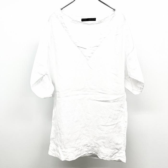 ZARA ザラ ベーシック BASIC シャツチュニック 5分袖 薄手 Vネック 裏地付き 無地 ドルマンスリーブ 麻100%(裏地：綿100%) S 白 レディース : Undo Rowa ...