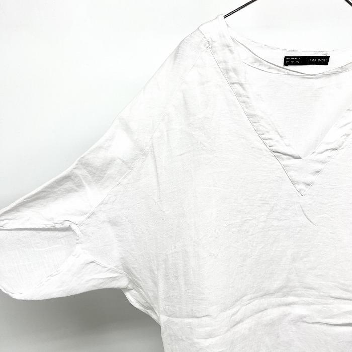ZARA ザラ ベーシック BASIC シャツチュニック 5分袖 薄手 Vネック 裏地付き 無地 ドルマンスリーブ 麻100%(裏地：綿100%) S 白 レディース : Undo Rowa ...