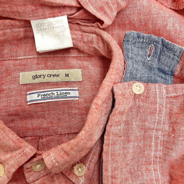 glory crew グローリークルー メンズビギ MEN'S BIGI シャツ 7分袖 無地 ボタンダウン 麻(フレンチリネン)×綿 M 杢レッド系 杢赤系 メンズ : Undo Rowa ...
