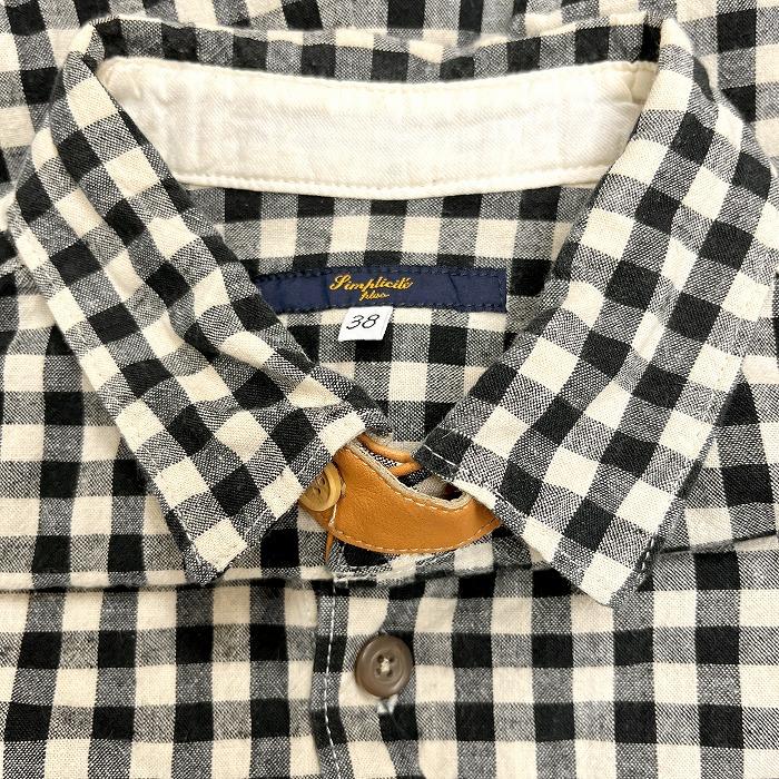 Simplicite シンプリシテェプリュス シャツ 7分袖 チェック チンストラップ 綿×麻(一部牛革) 38 ブラック 黒×白系×茶 メンズ(レディース？) : Undo Rowa ヤフー ...