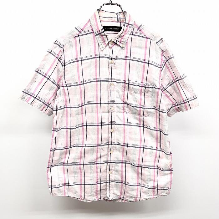 SHIPS シップス GENERAL SUPPLY 薄手 シャツ チェック ボタンダウン 半袖 綿100% S ピンク×ネイビー(ラメ糸：シルバー) ピンク メンズ : Undo Rowa ...