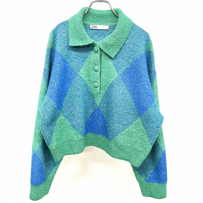 ZARA ザラ 襟付きニット セーター 長袖 ダイヤチェック ショート丈 くるみボタン プルオーバー L グリーン 緑×青 レディース : Undo Rowa ヤフー店 - 通販 ...